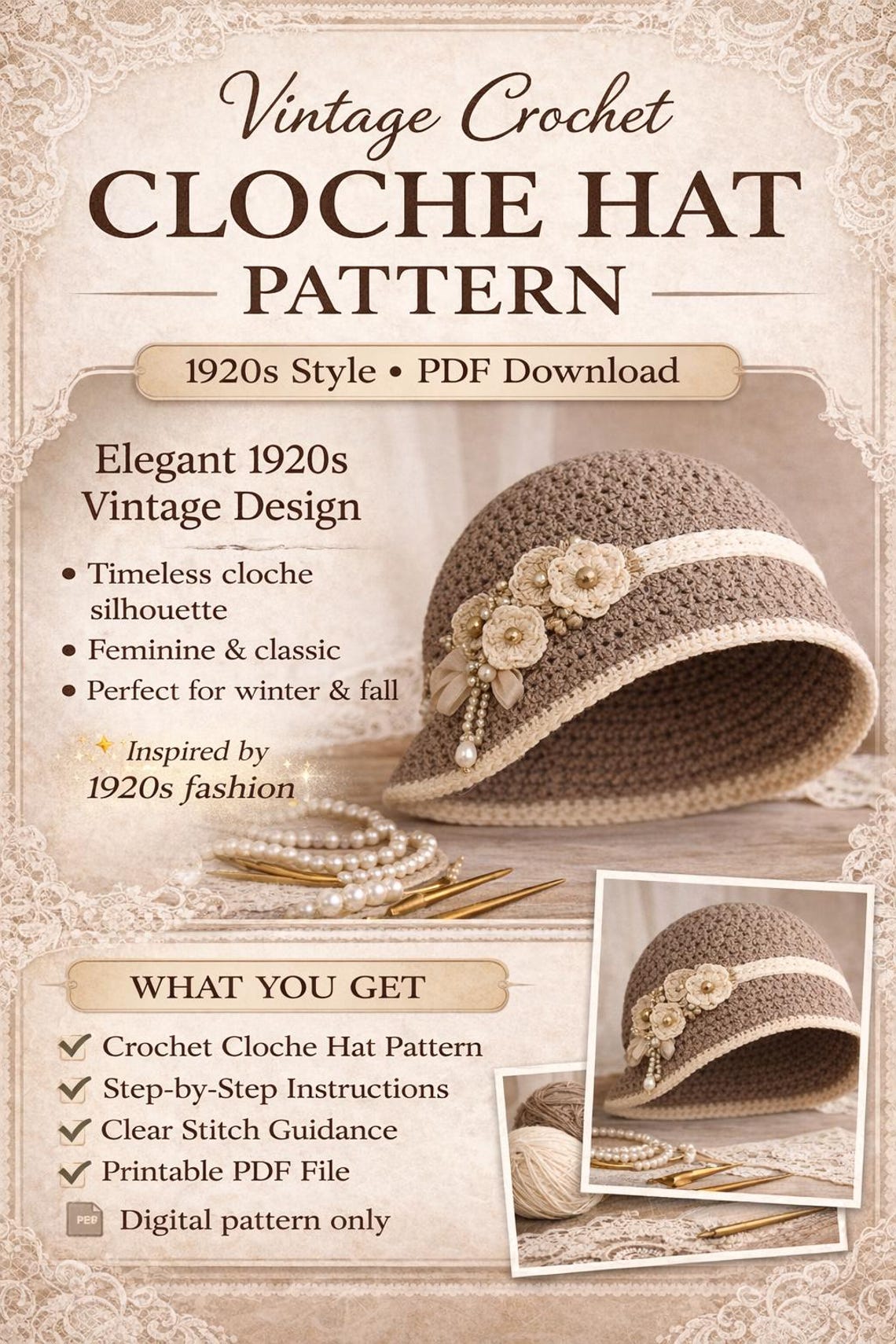 Vintage Crochet Cloche Hat Pattern 1920s Style Women Hat Begginer ...