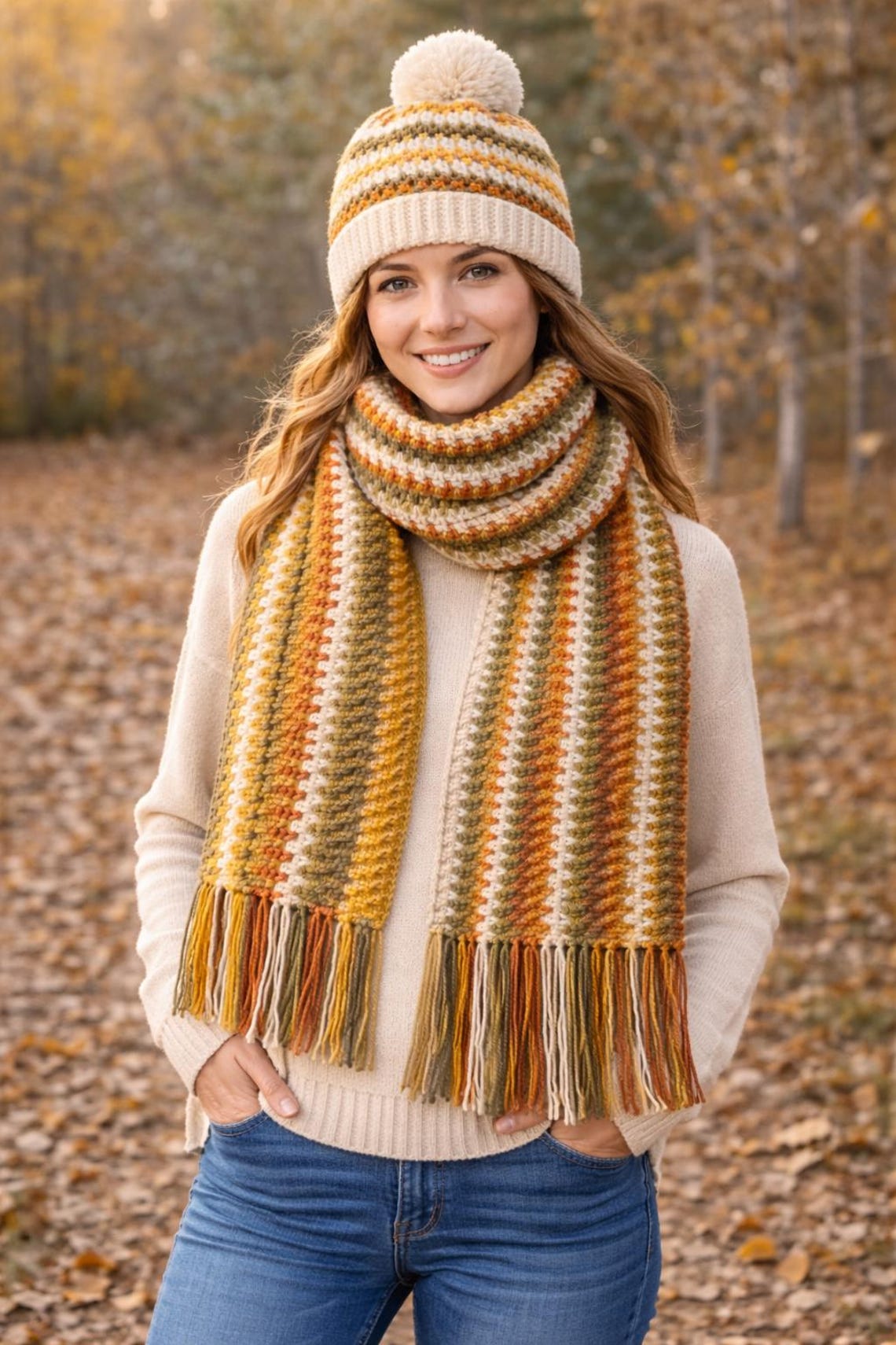 Crochet Hat&scarf Pattern Sed Stripped Beanie With Pom Pom and Fringe ...