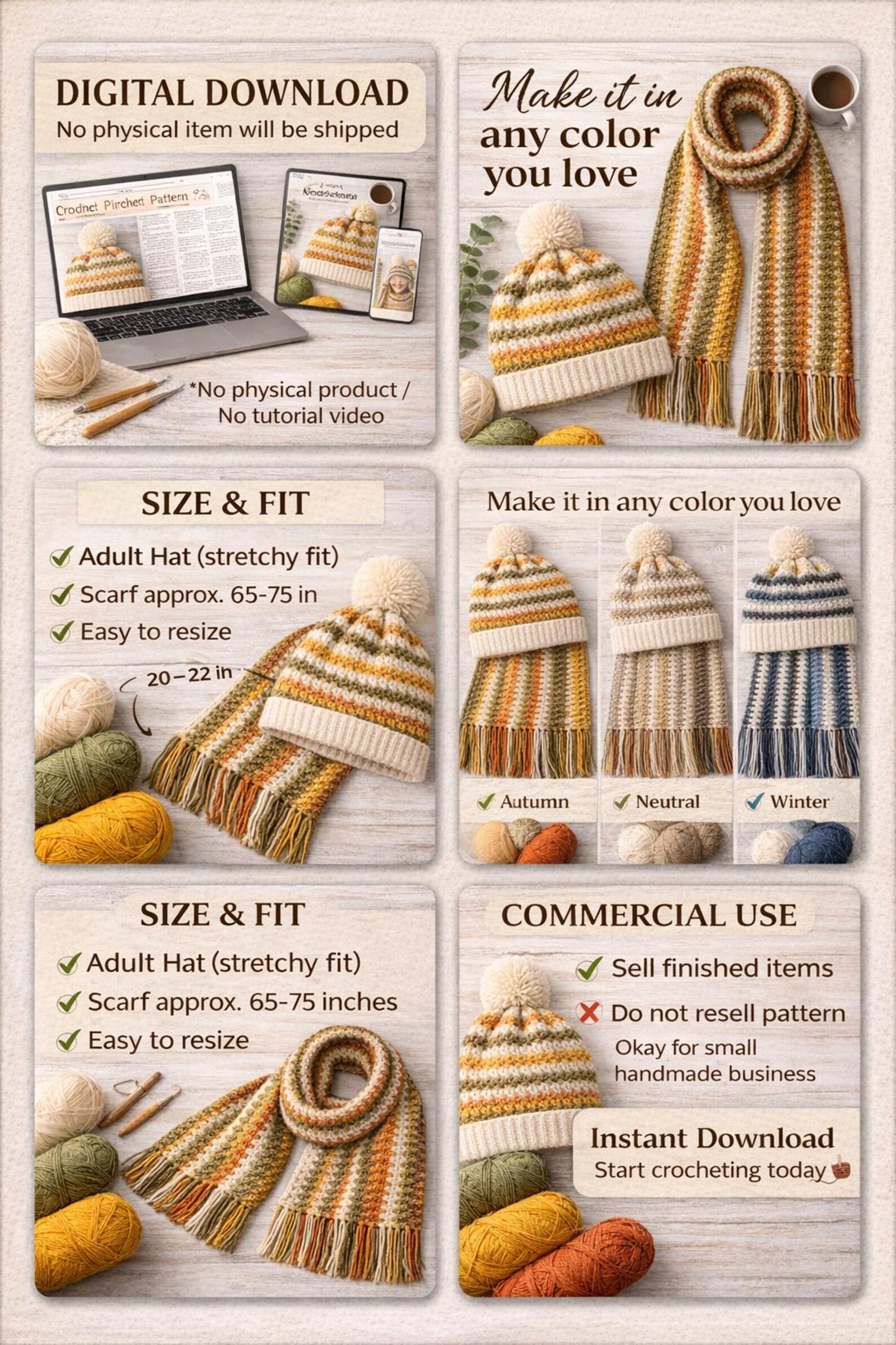 Crochet Hat&scarf Pattern Sed Stripped Beanie With Pom Pom and Fringe ...