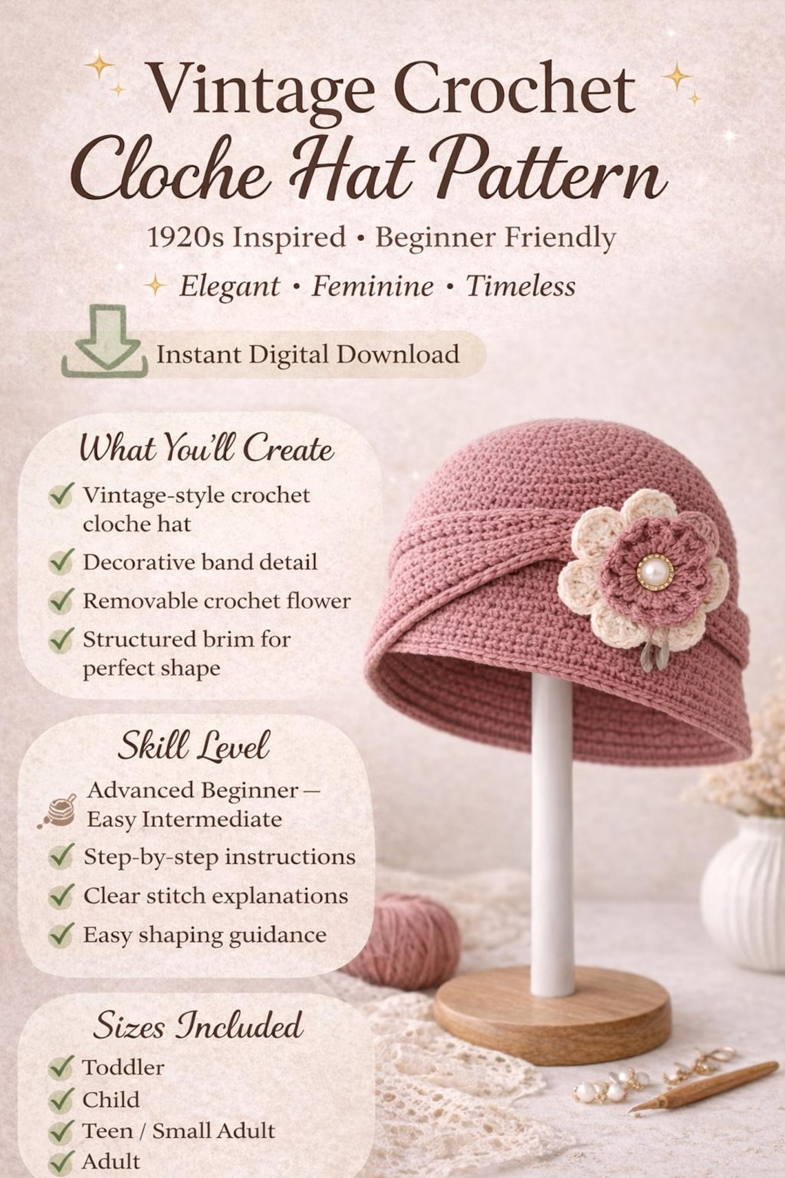 Vintage Crochet Cloche Hat Pattern 1920s Style Women,s Hat Begginer ...
