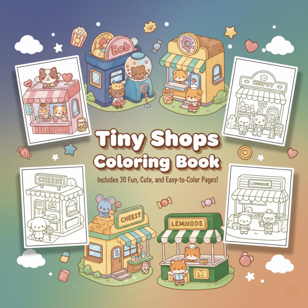 Tiny Shops Coloring Book | 30 Cute Mini Store Pages | Candy, Coffee ...