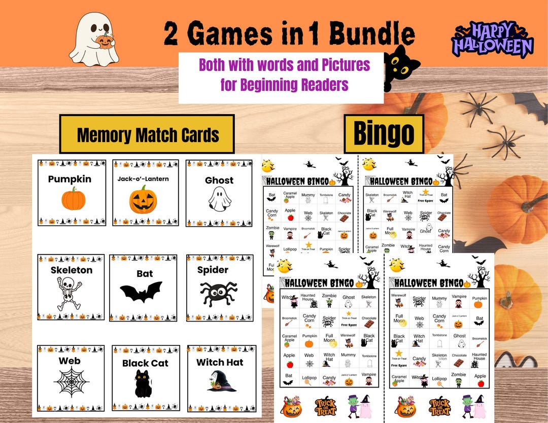 Halloween Bingo & Memory Match Game | Printable Kids Party Bundle ...