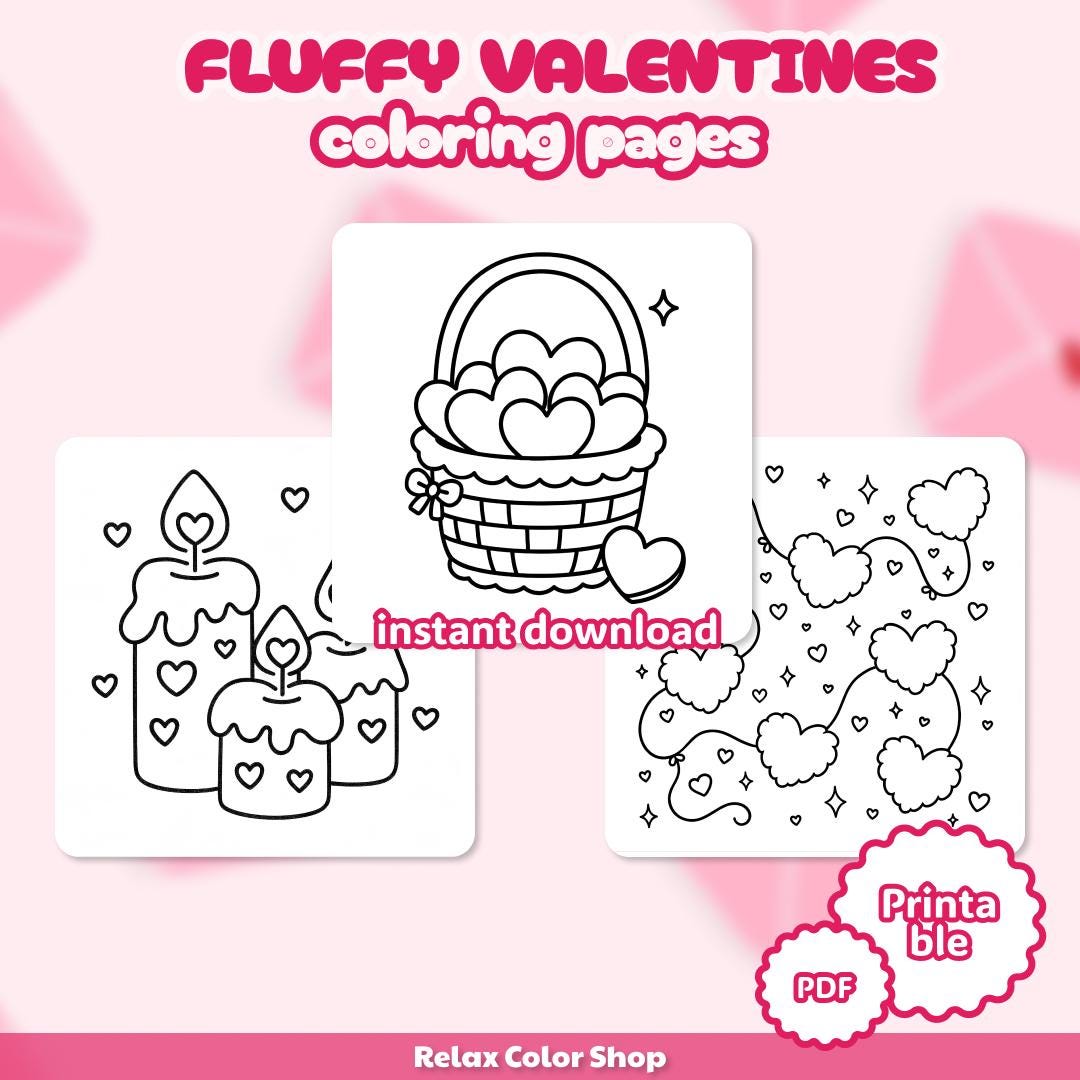 Fluffy Valentine’s Day Coloring Pages – Cute Kawaii Hearts, Cozy ...