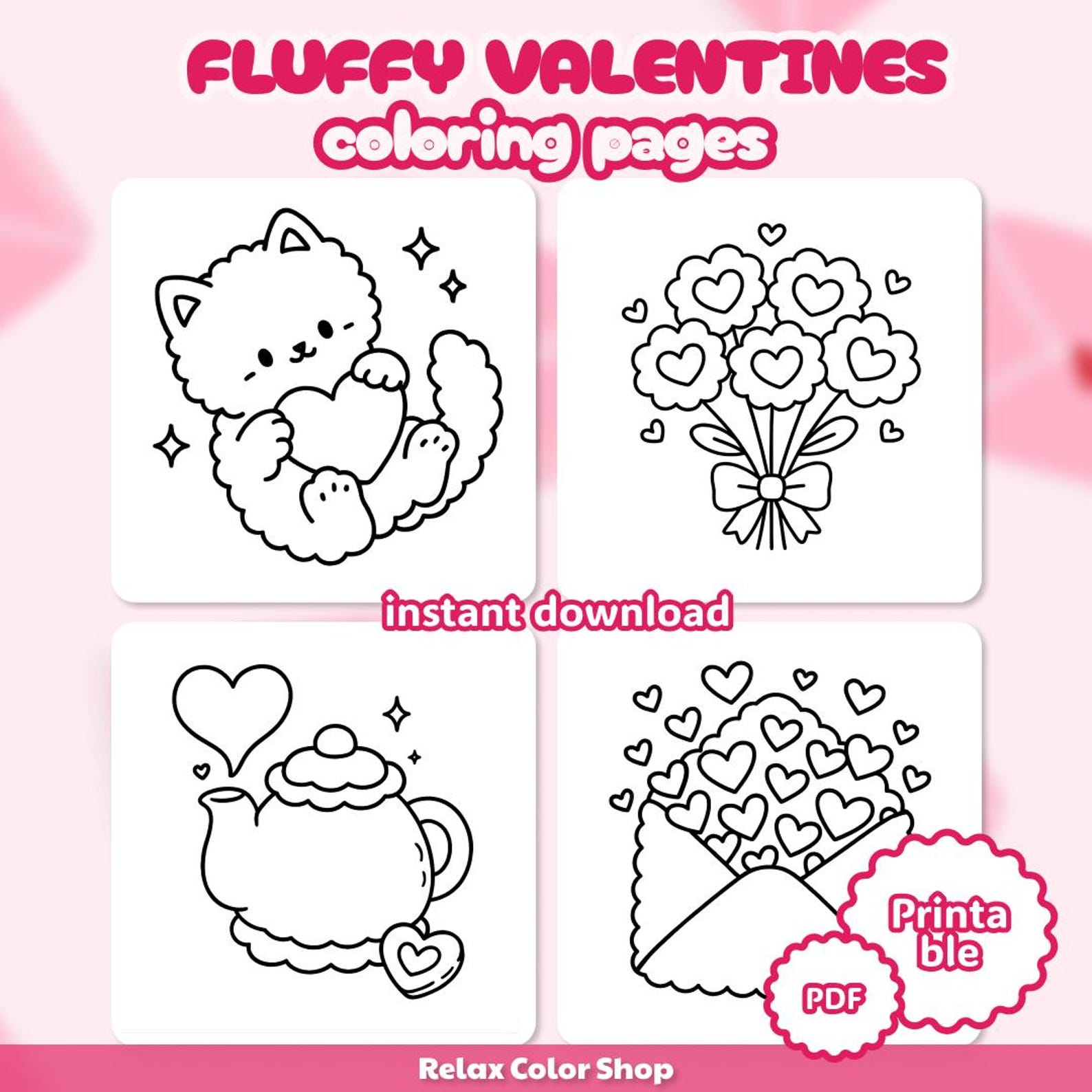 Fluffy Valentine’s Day Coloring Pages – Cute Kawaii Hearts, Cozy ...