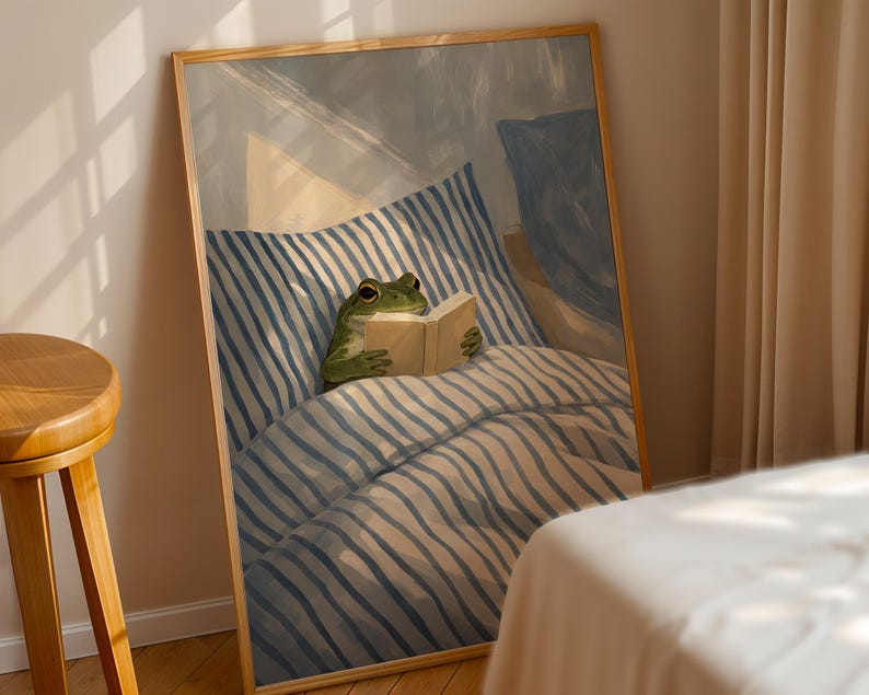 Reading Frog Wall Art: Book Lover Wall Decor, Cozy Bedroom Animal ...