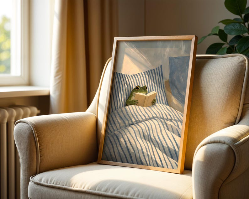 Reading Frog Wall Art: Book Lover Wall Decor, Cozy Bedroom Animal ...