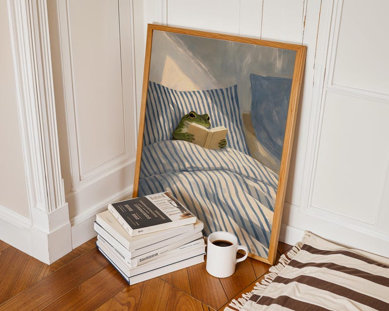 Reading Frog Wall Art: Book Lover Wall Decor, Cozy Bedroom Animal ...