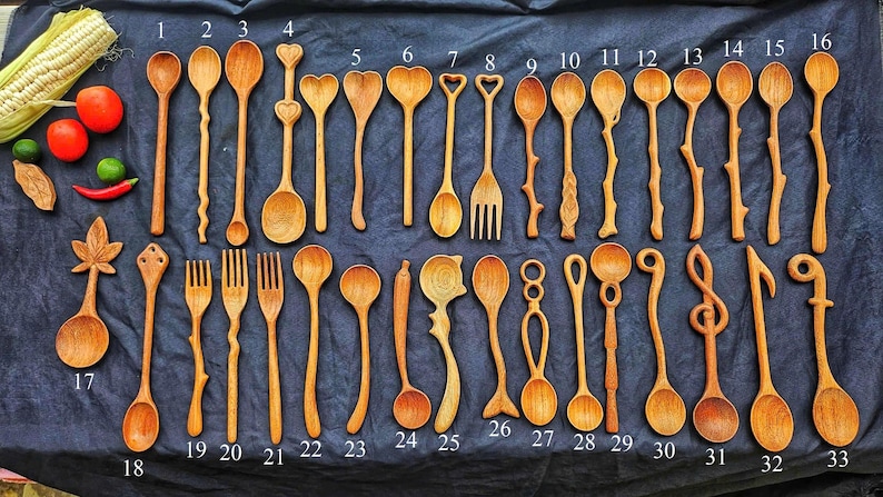 33 Assorted Design Wooden Spoons Handcarved Organic, Handmade Wooden ...