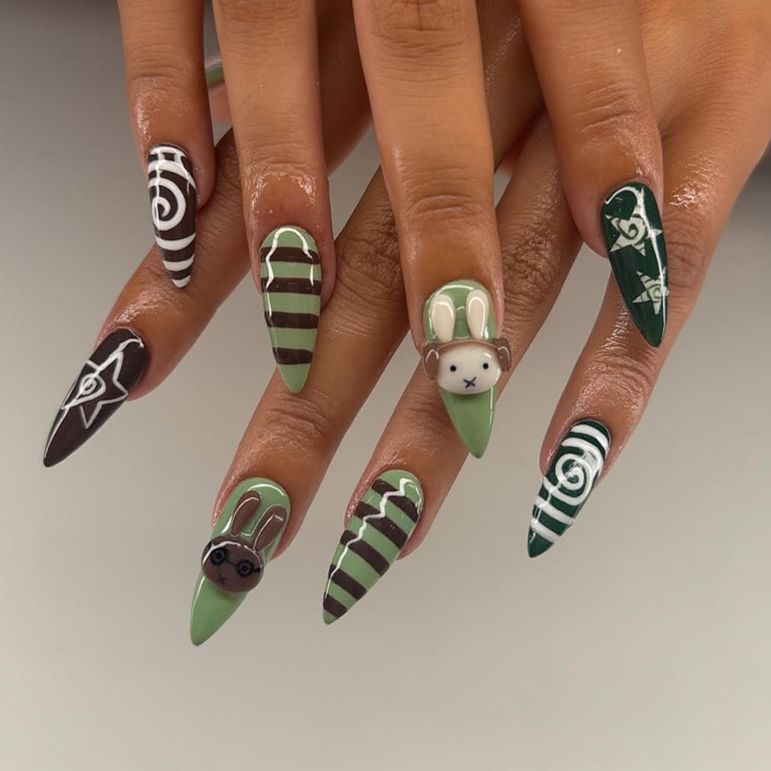 Hand-painted Y2K Cyber Goth Press Ons, Mint Green Black Swirl Stiletto ...