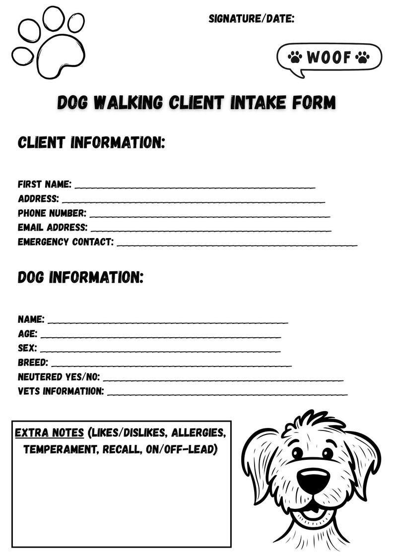 Dog Walking Client Intake Form: Pet Sitting Business Template (digital ...
