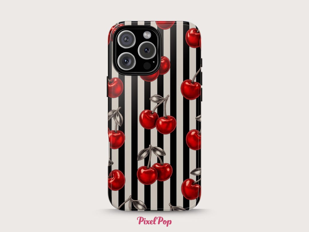 Cherry Stripe Phone Case: Retro Red Metallic Design - Etsy