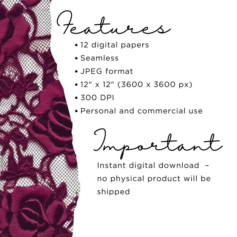 Deep Red Lace Seamless Digital Paper, 12 Backgrounds, 12x12", 300 DPI ...