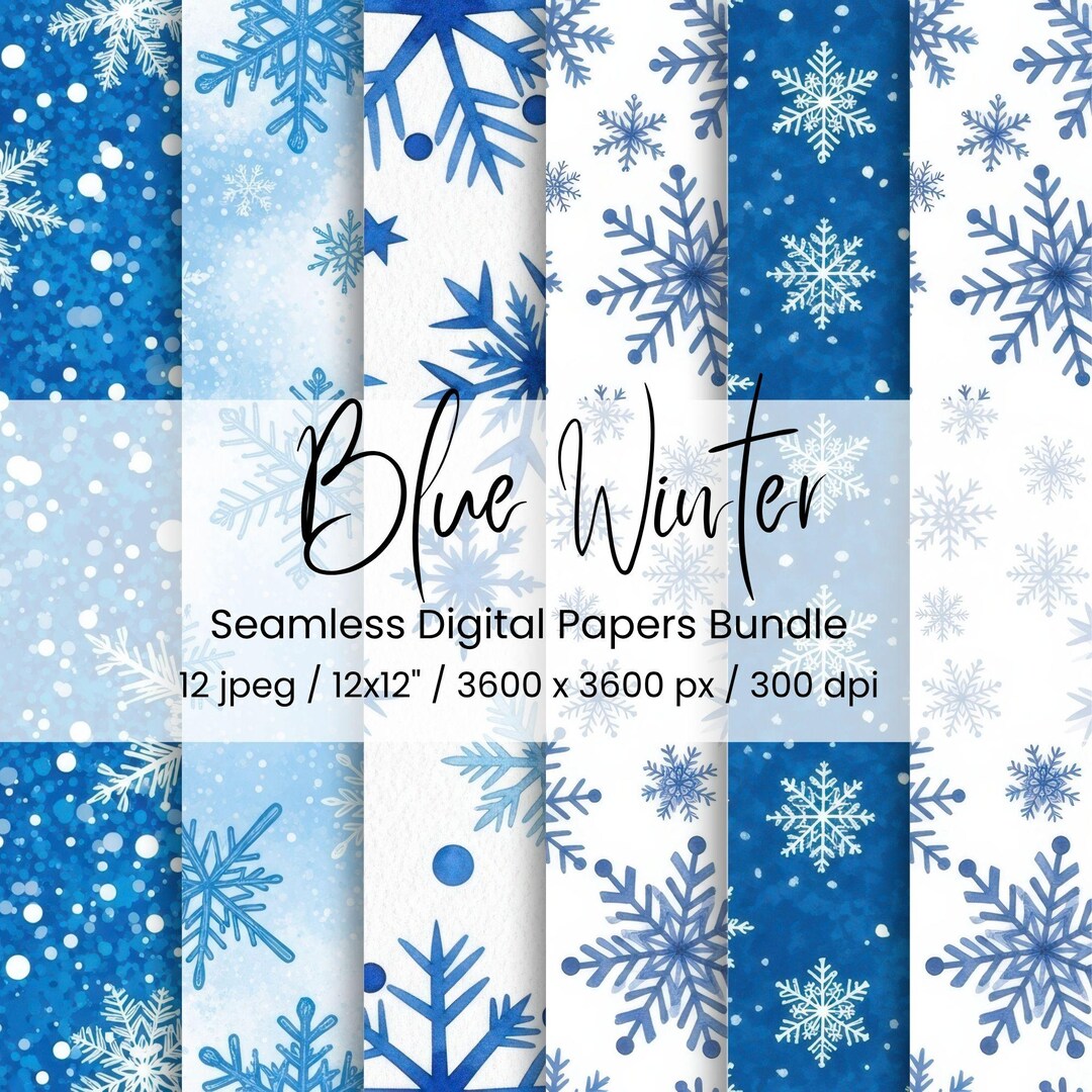 Blue Winter Digital Paper Bundle – 12 Seamless Snowflake Backgrounds ...
