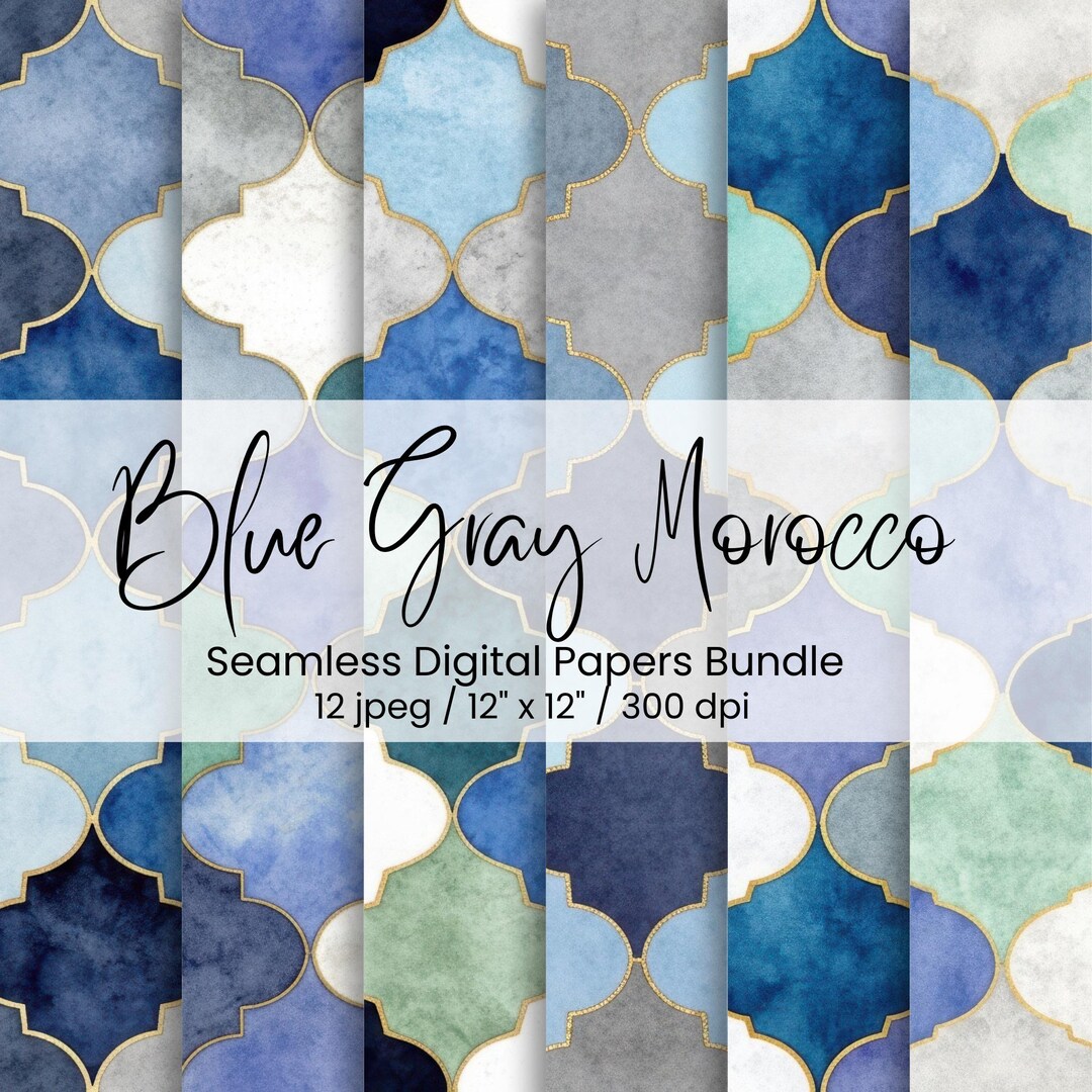 Blue Gray Moroccan Tiles Seamless Digital Paper – 12 Watercolor ...