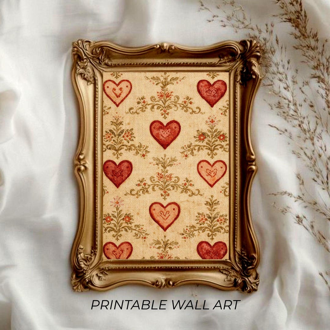 Folk Heart Pattern Printable Wall Art, Cottagecore Home Decor (digital ...