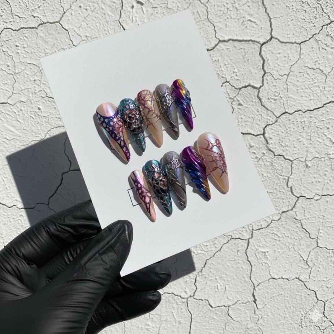 Luxury Fantasy Armor Press on Nails | Reusable Gothic Metallic Nail Set ...