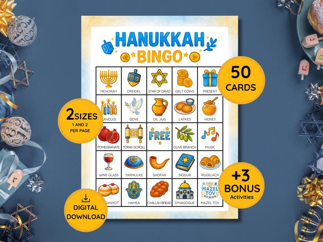 Hanukkah Bingo Game | Printable Hanukkah Party Game | 50 Bingo Cards ...
