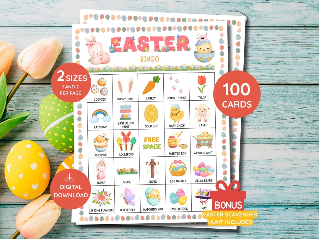 Easter Bingo Game | 100 Unique Printable Cards, Bonus Scavenger Hunt ...
