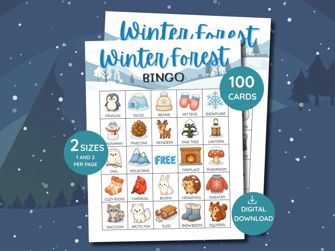Winter Bingo Game | Winter Forest Theme | 100 Printable Cards (PDF) - Etsy