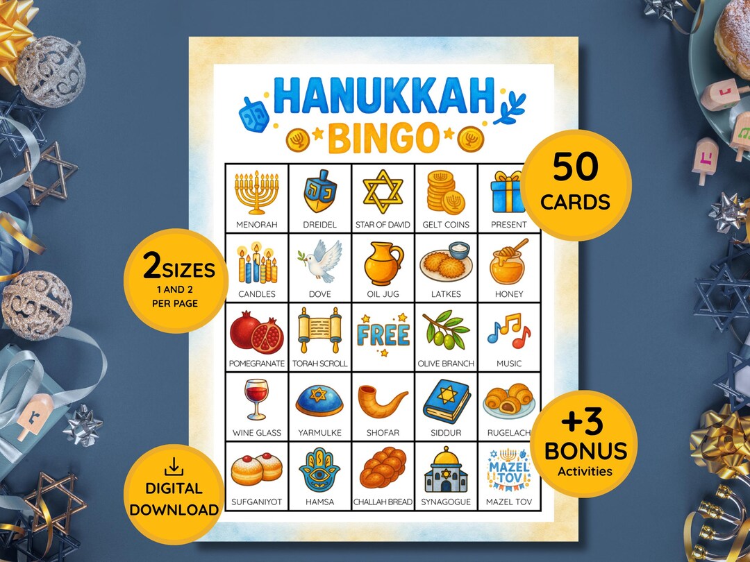 Hanukkah Bingo Game | 50 Printable Cards, Bonus Activities (digital ...