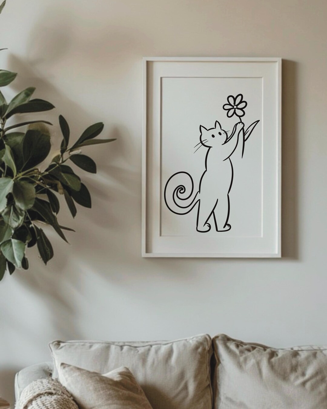 Printable Cat Poster: Cat Catching Flower Line Art , Digital Download ...