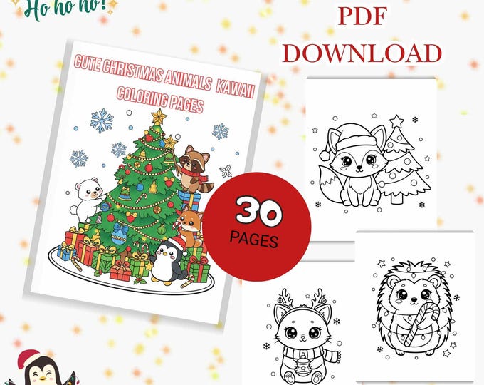 KAWAII CHRISTMAS Coloring Pages for Kids Adults | Animal Holiday ...