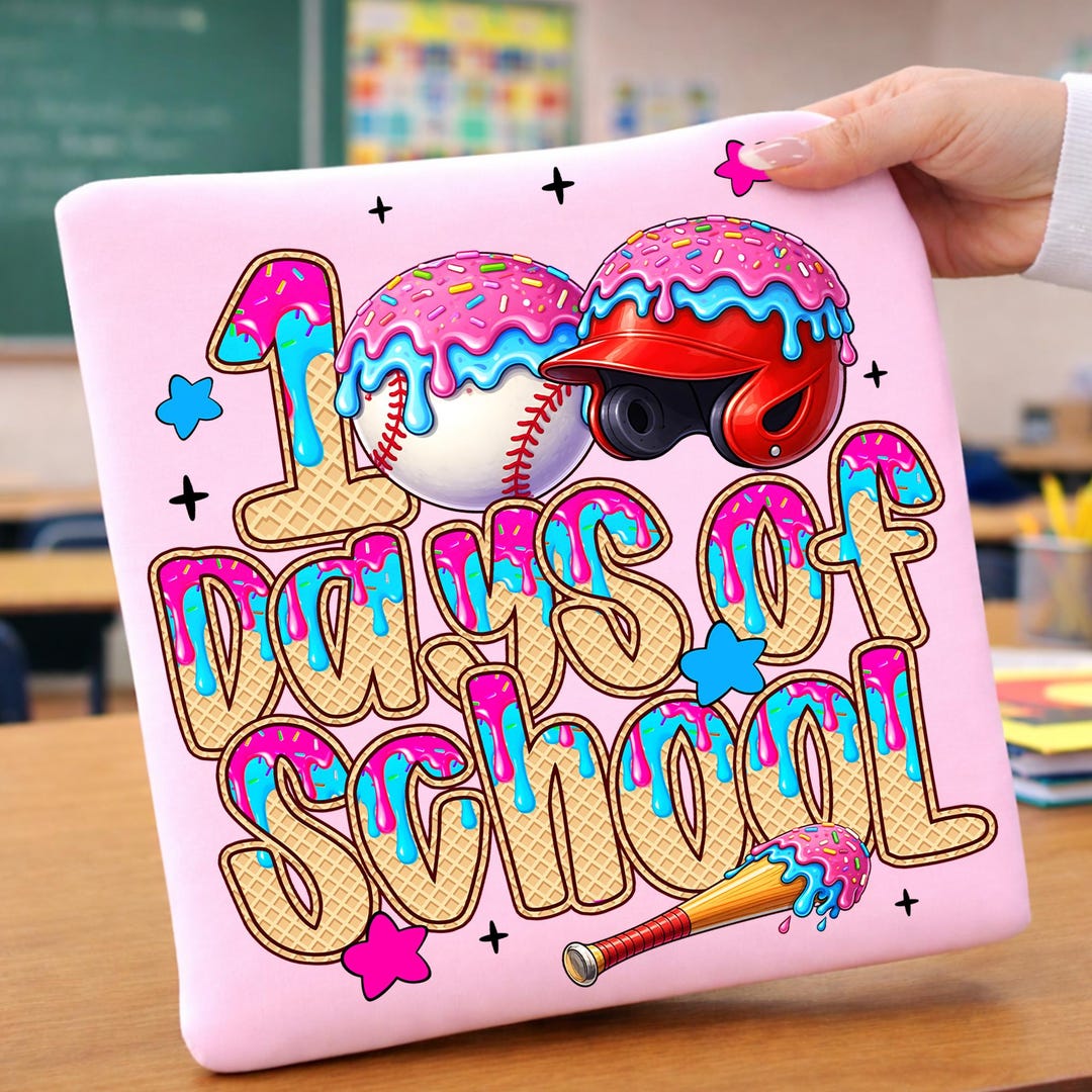 Preppy Baseball 100 Days of School Ice Cream PNG Sublimation, Coquette ...