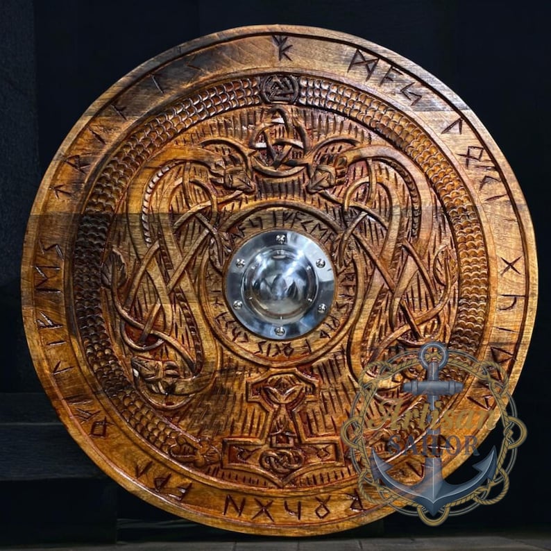 Hand Carved Viking Wooden Shield – Valknut & Mjolnir, Norse Cosplay ...