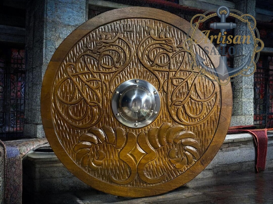 Handmade Viking Shield With Ram & Knotwork – Wooden, Leather Straps ...