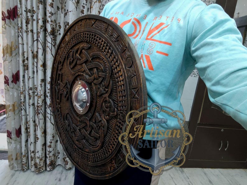 Hand Carved Viking Wooden Shield – Valknut & Mjolnir, Norse Cosplay ...