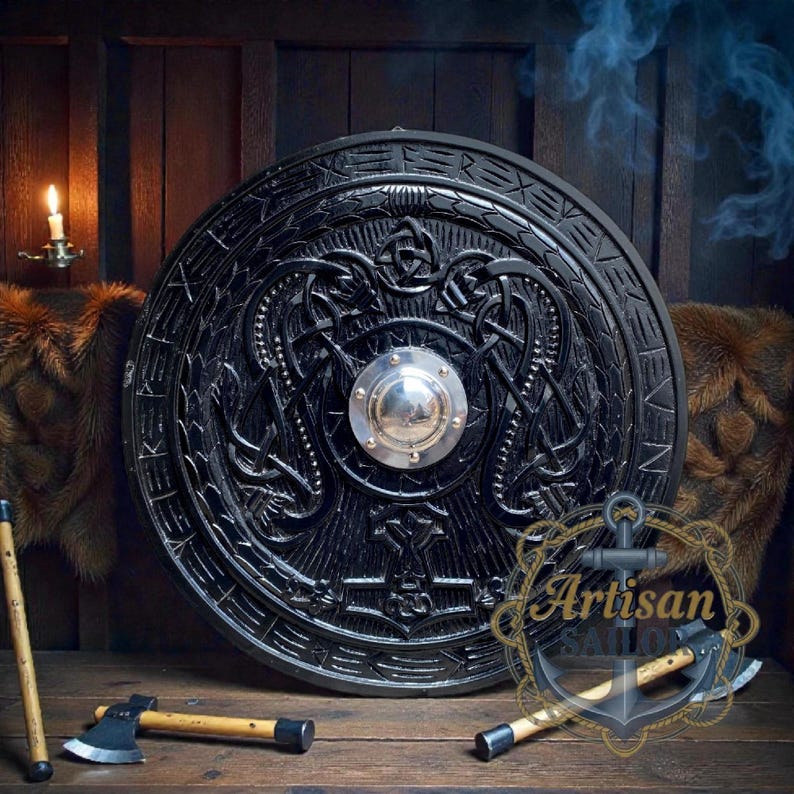 Hand Carved Viking Wooden Shield – Valknut & Mjolnir, Norse Cosplay ...