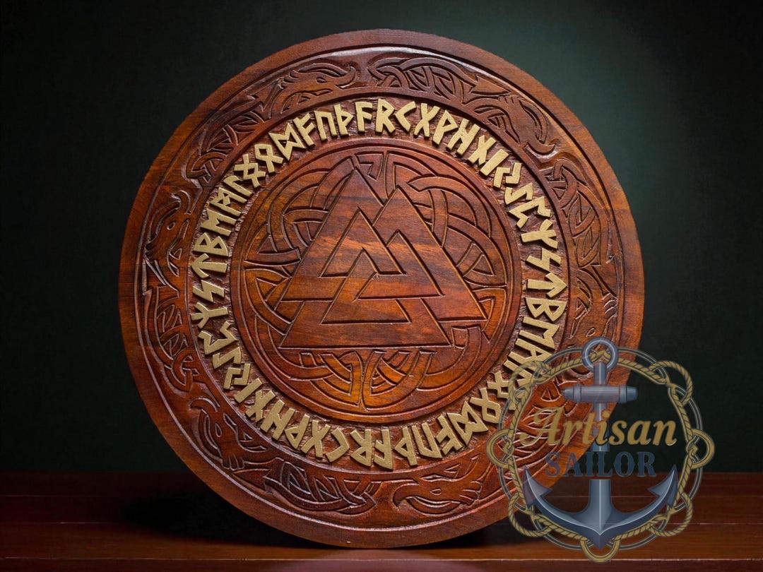 Handcarved Wooden Shield – Valknut Trinity Knot, Bronze Finish, Leather ...