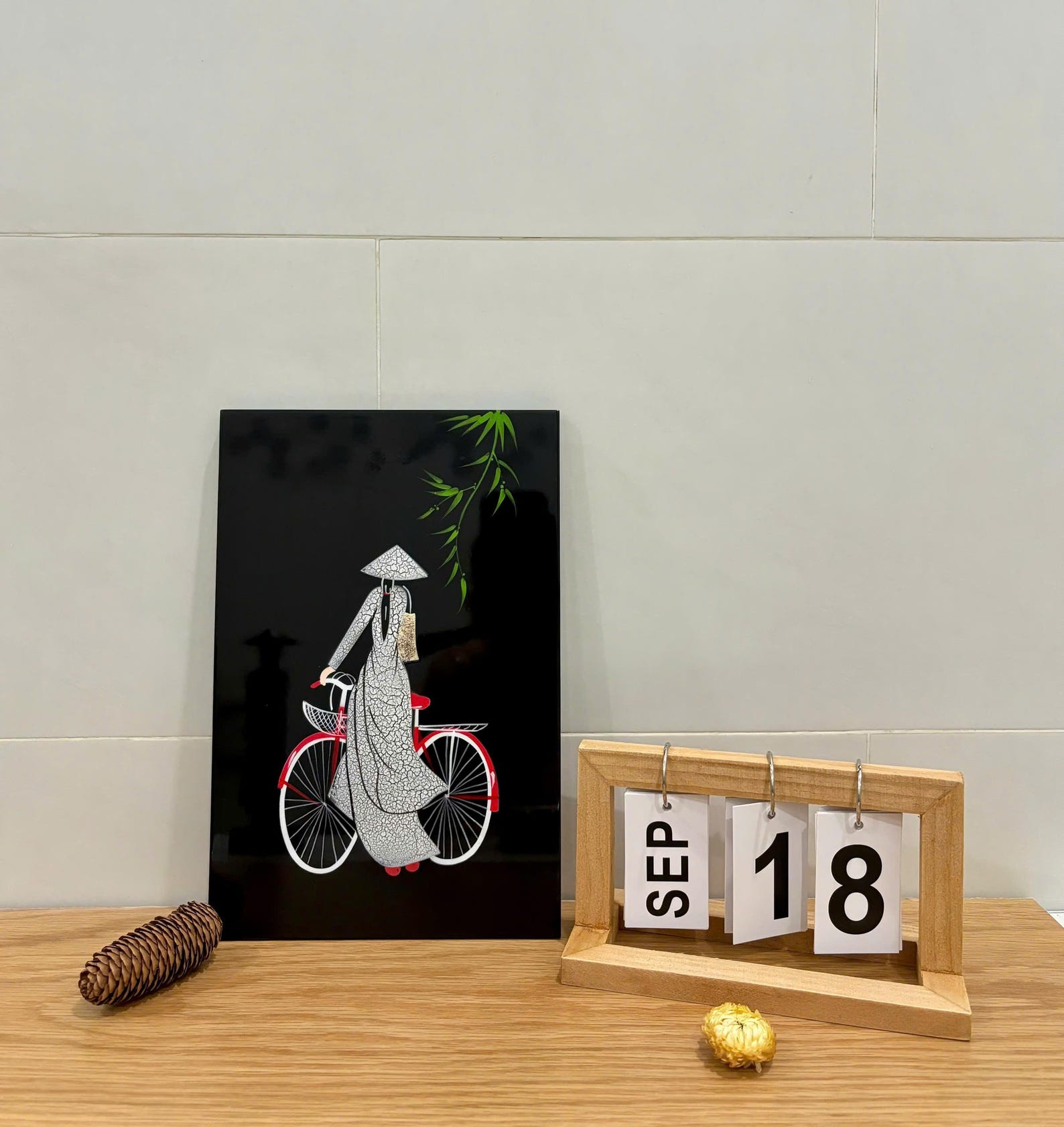 Vietnamese Eggshell Lacquer Painting: Woman in Áo Dài, Bicycle Wall Art ...