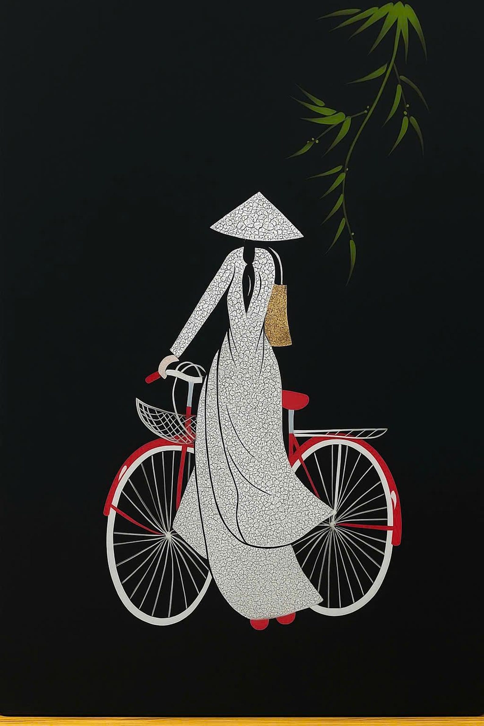 Vietnamese Eggshell Lacquer Painting: Woman in Áo Dài, Bicycle Wall Art ...