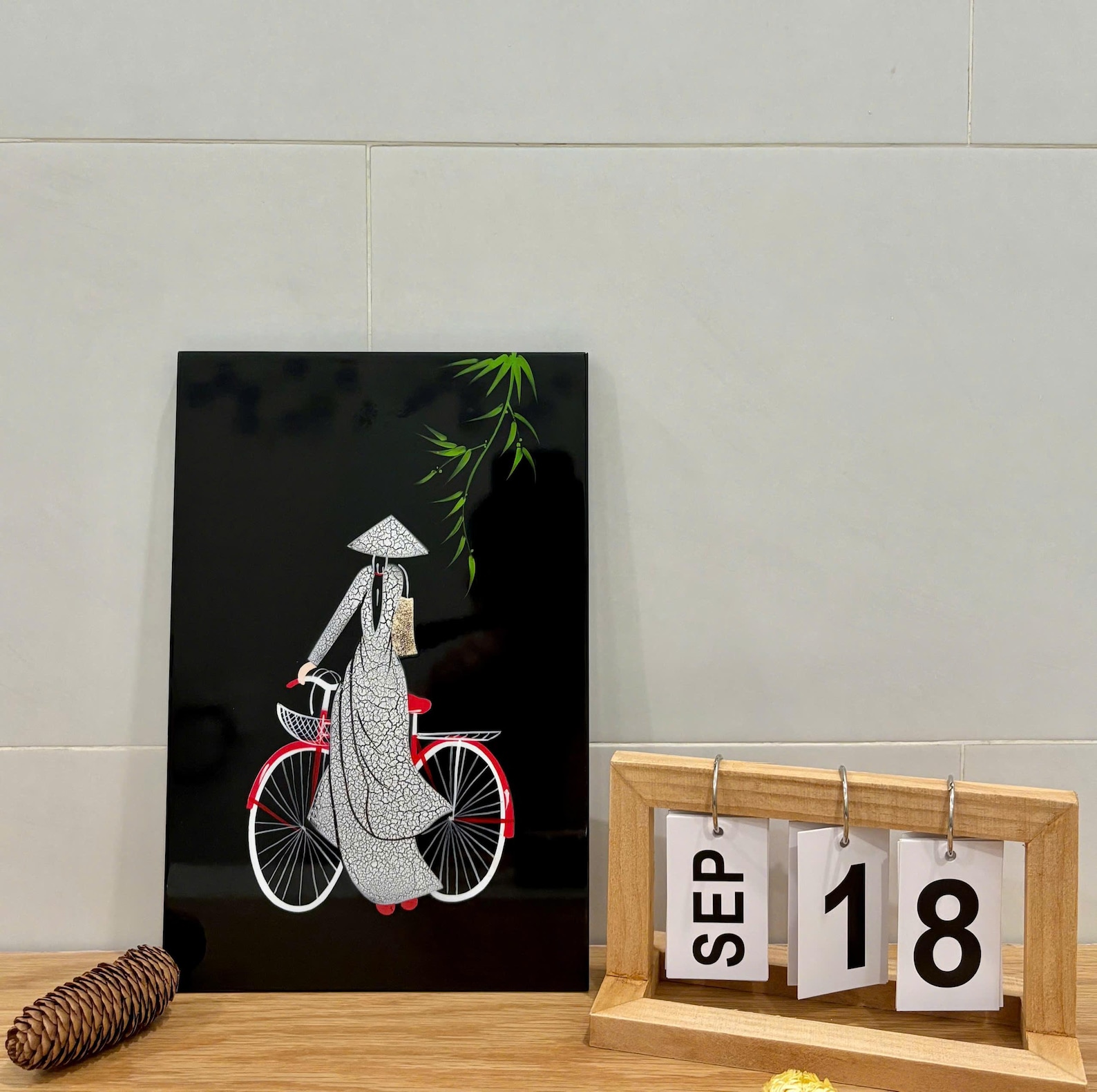 Vietnamese Eggshell Lacquer Painting: Woman in Áo Dài, Bicycle Wall Art ...