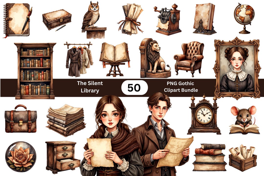 The Silent Library – 50 PNG Gothic Clipart Bundle - Etsy