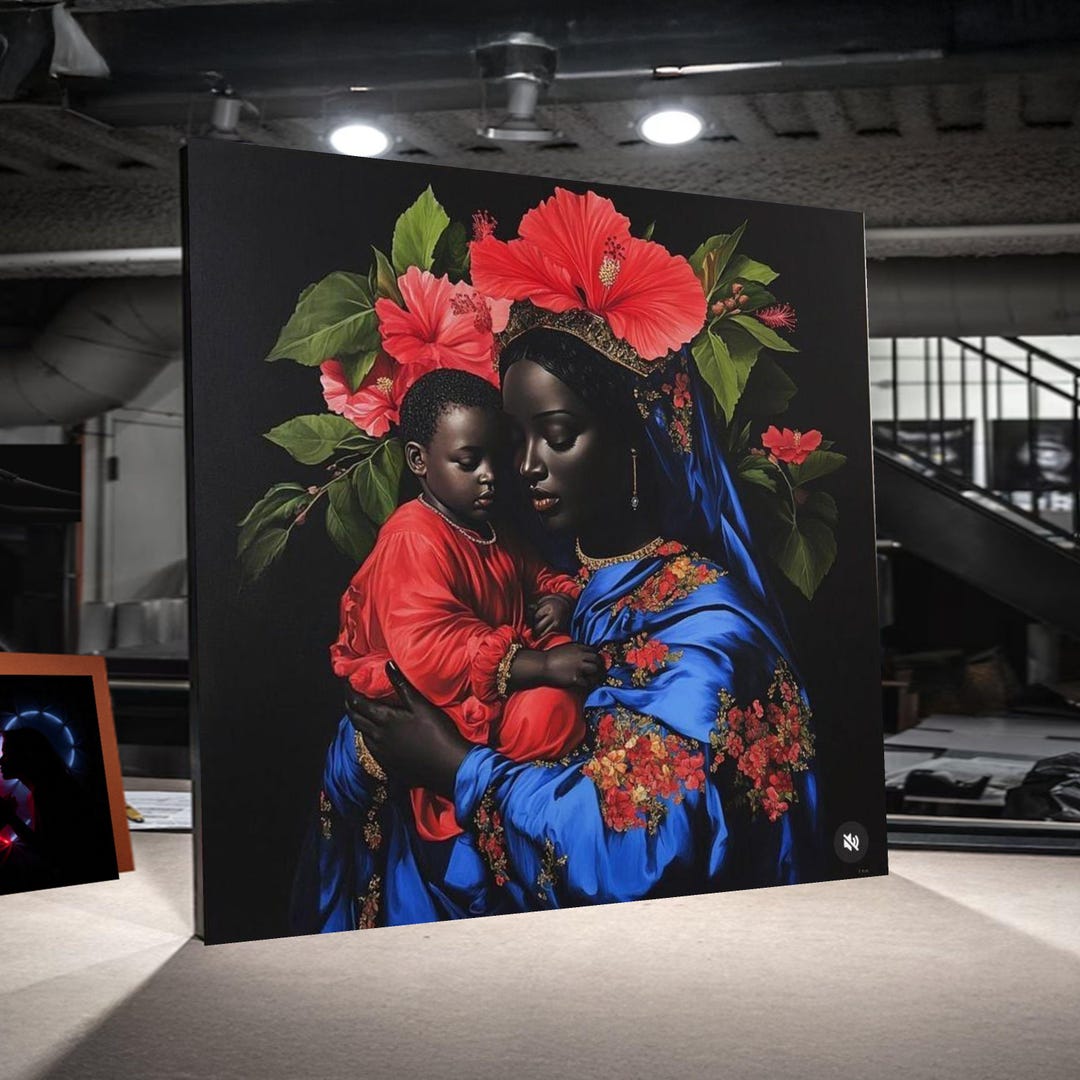 African Mother and Child Canvas, Floral Crown Wall Art, Vibrant Blue ...