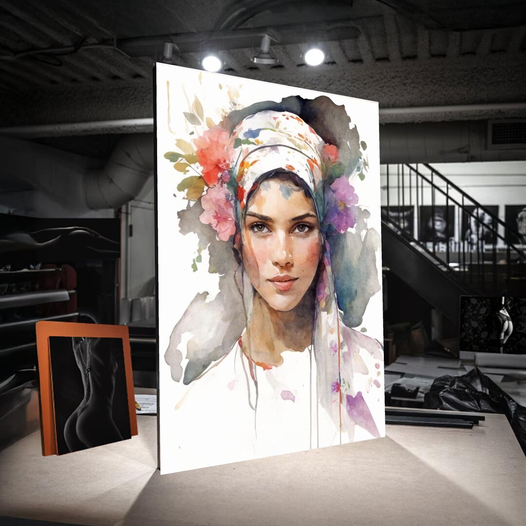 Elegant Woman Portrait Canvas, Watercolor Floral Headscarf Art ...