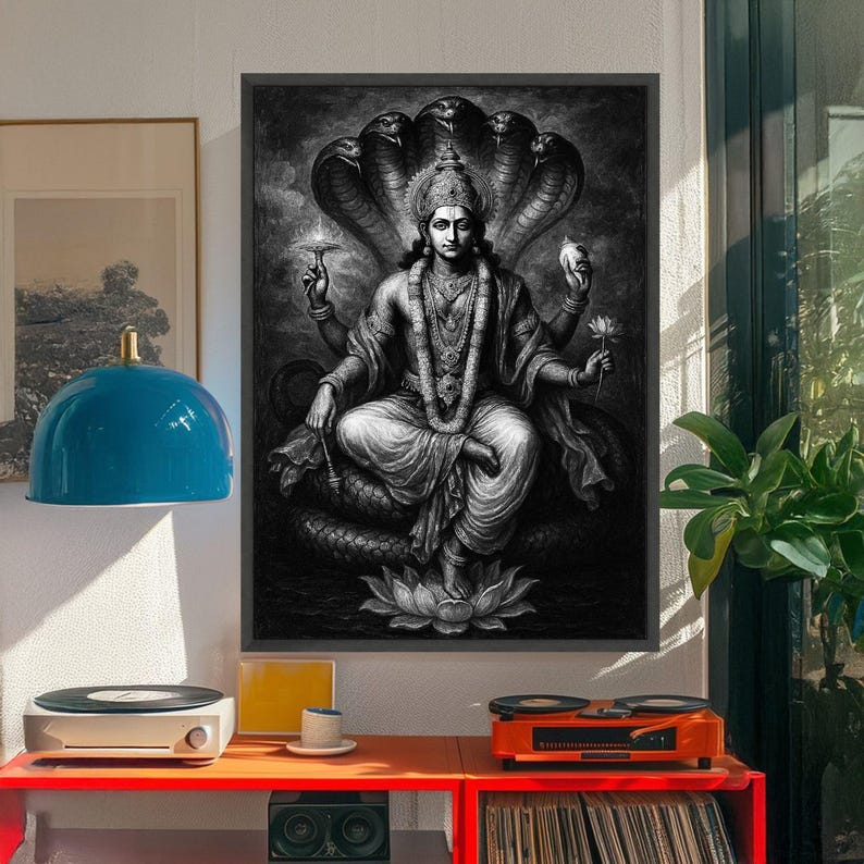 Lord Vishnu Black and White Canvas, Hindu Deity Wall Art, Six-headed ...