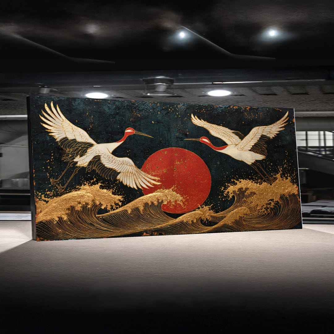 Elegant Japanese Crane Canvas, Red Sun Wall Art, Golden Wave Painting ...