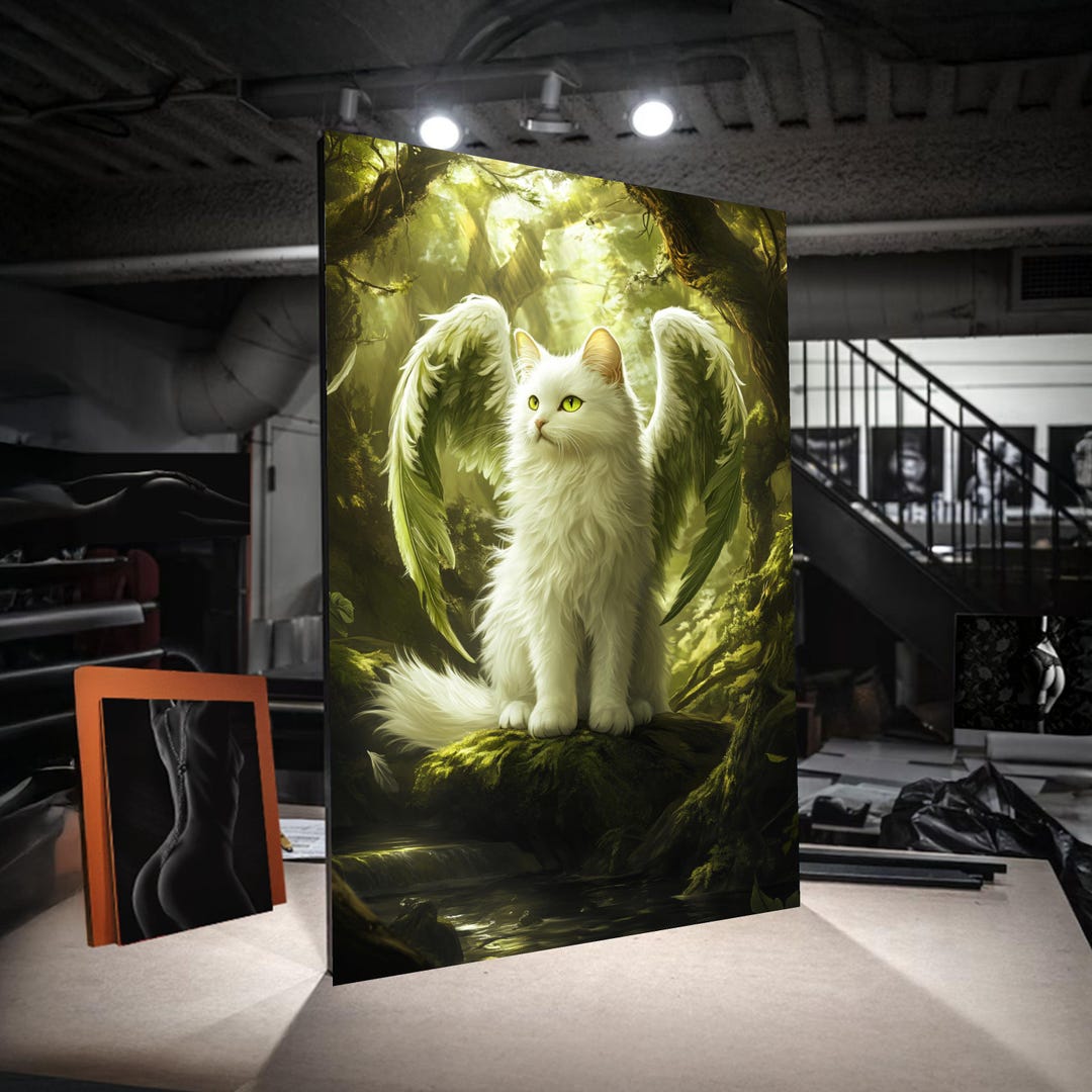 Angelic White Cat With Feathered Wings Canvas, Fantasy Forest Animal ...