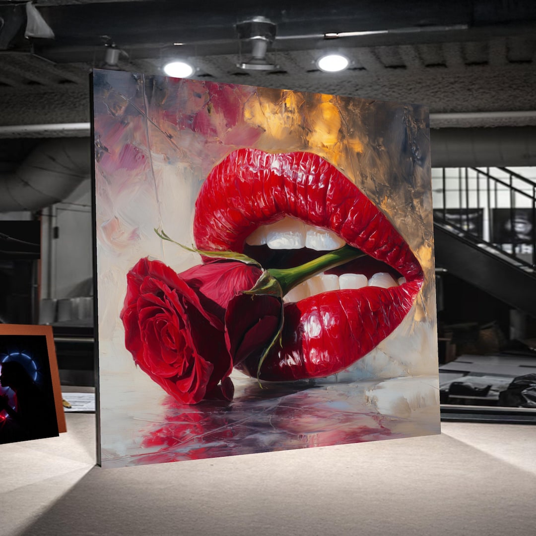 Sensual Red Lips With Rose Canvas, Romantic Wall Art, Glossy Lip ...