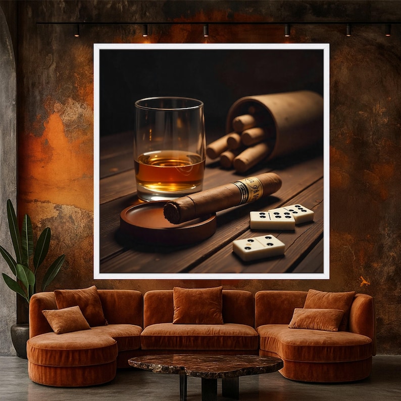 Vintage Whiskey Glass and Cigar Still Life Canvas, Rustic Home Bar Wall ...