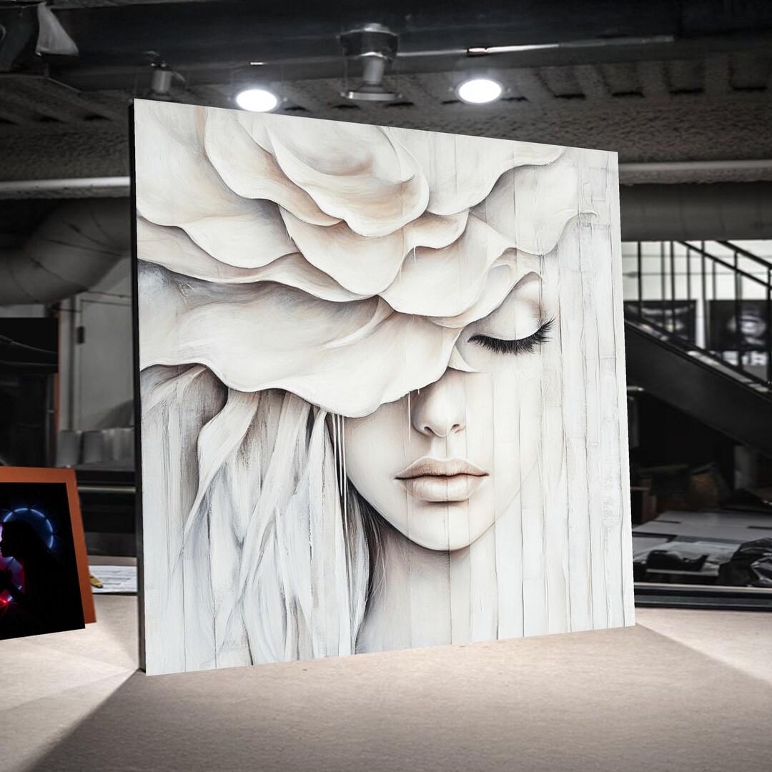 Ethereal Woman Portrait Canvas, Floral Hat Wall Art, Neutral Tones ...