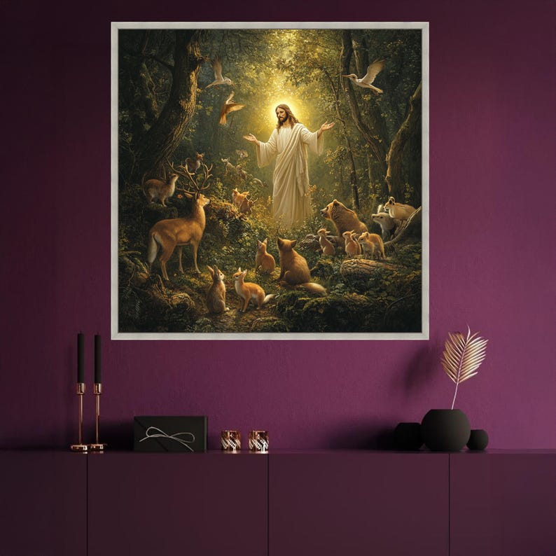 Jesus in the Forest With Animals, Spiritual Nature Canvas Art ...