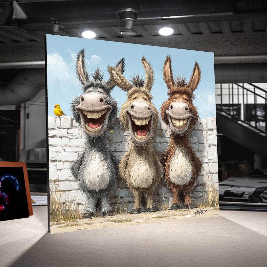 Happy Donkeys Laughing Canvas Wall Art, Whimsical Animal Illustration ...