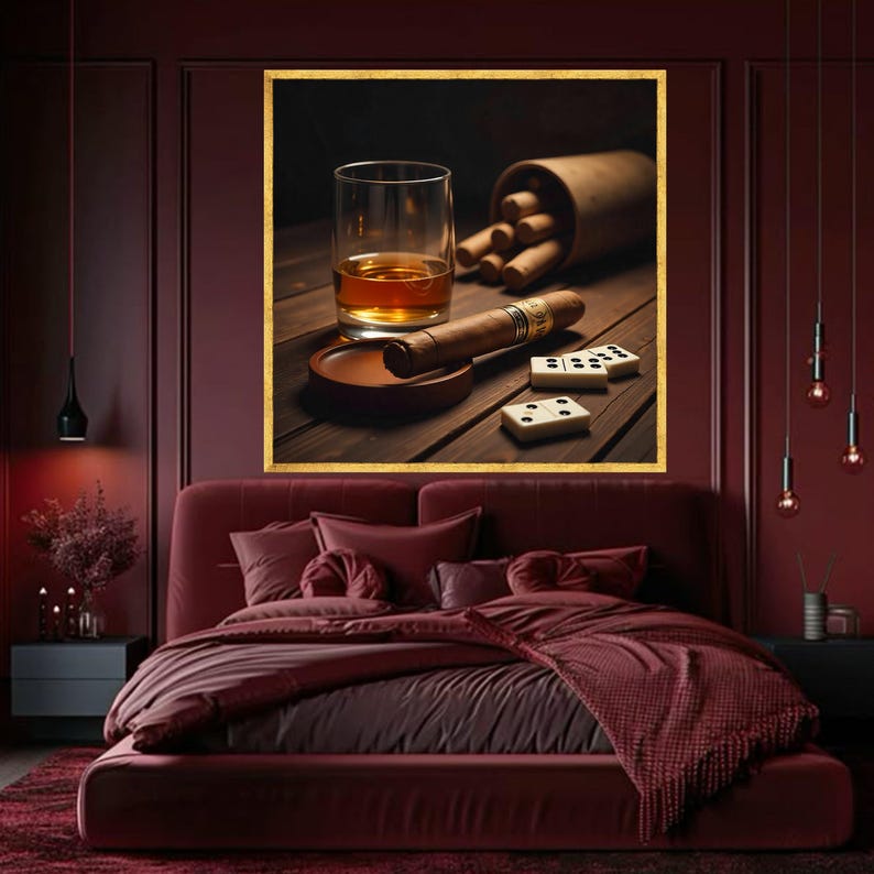 Vintage Whiskey Glass and Cigar Still Life Canvas, Rustic Home Bar Wall ...