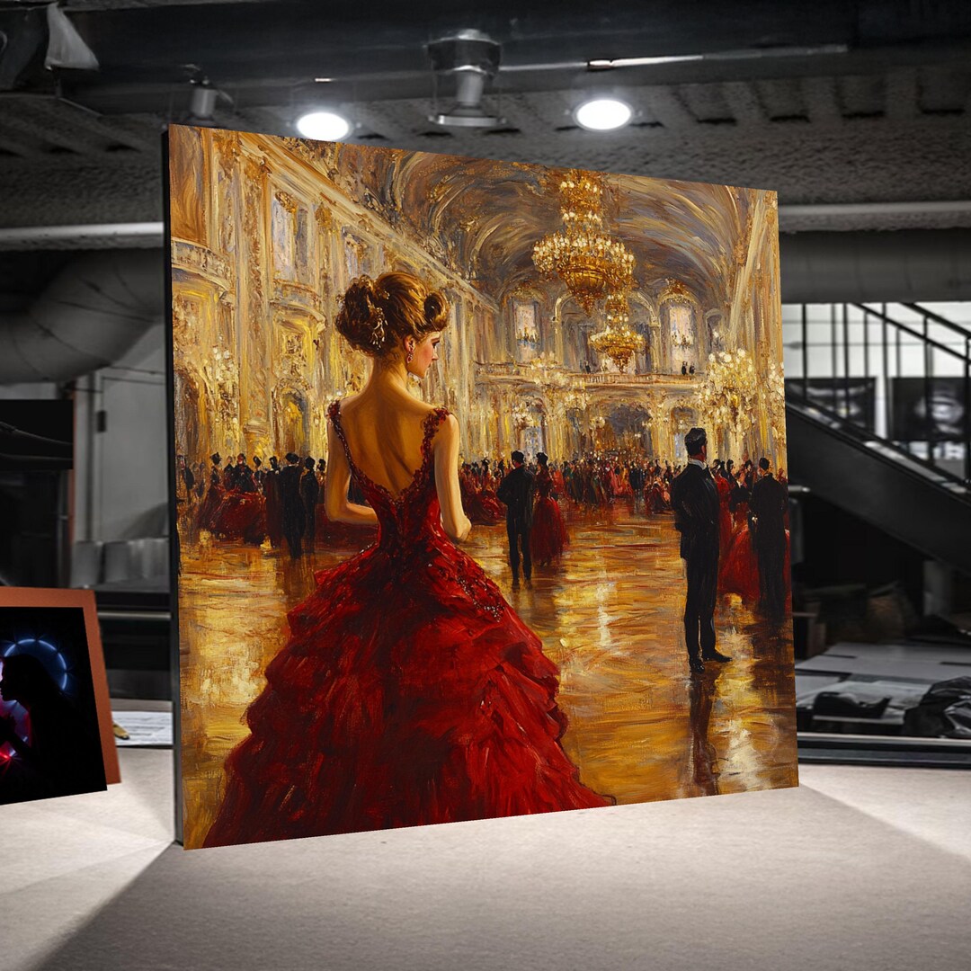 Elegant Ballroom Scene Canvas, Woman in Red Dress Wall Art, Vintage ...