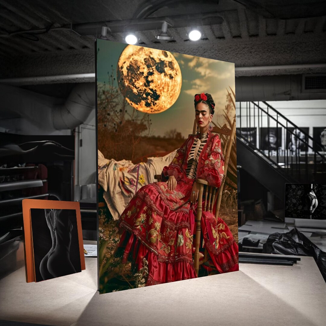 Frida Kahlo Portrait Canvas, Vibrant Red Dress Wall Art, Skeleton ...