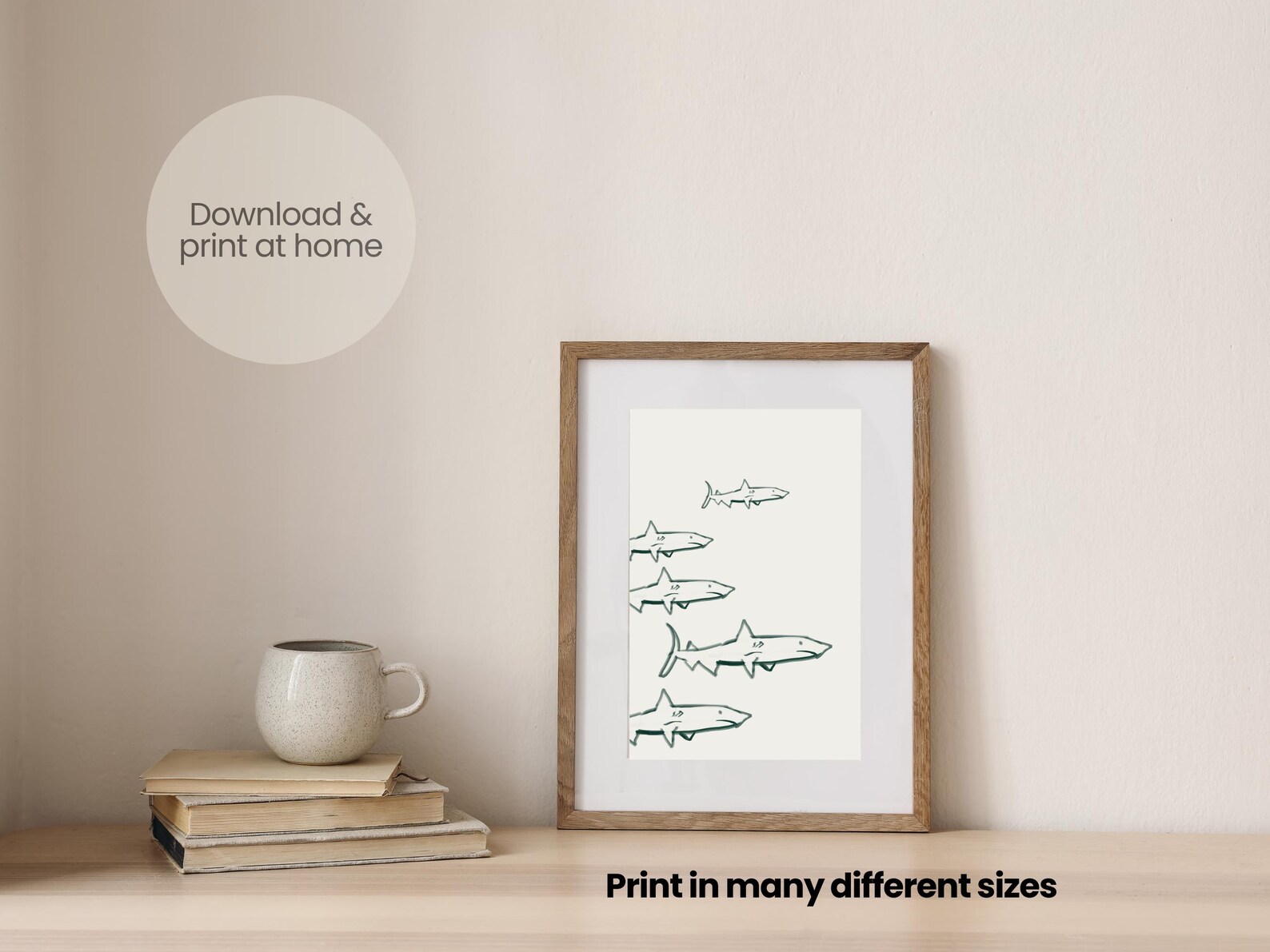 Minimal Shark Art Print, Coastal Wall Art for Oceanfront Cottage, Hand ...